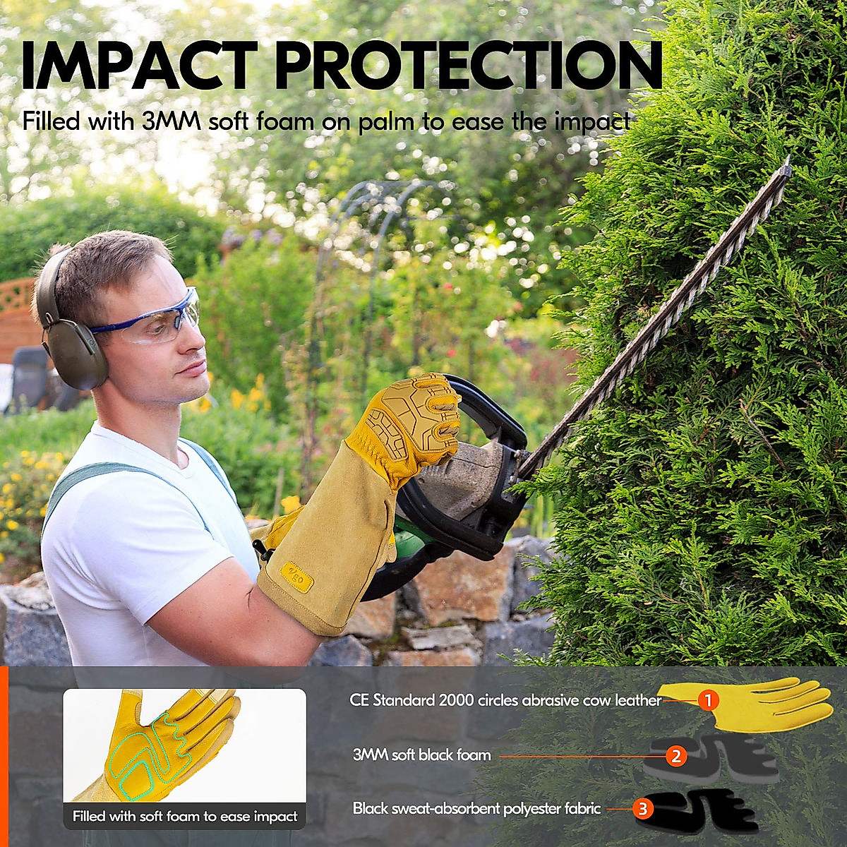 Vgo... Safety Work Gloves Men,Extra-long Cuff Thornproof,Premium Cow Grain Leather,Anti-abrasion, Anti-Impact,Gardening(1 Pair,Size M, Gold, CA9659)