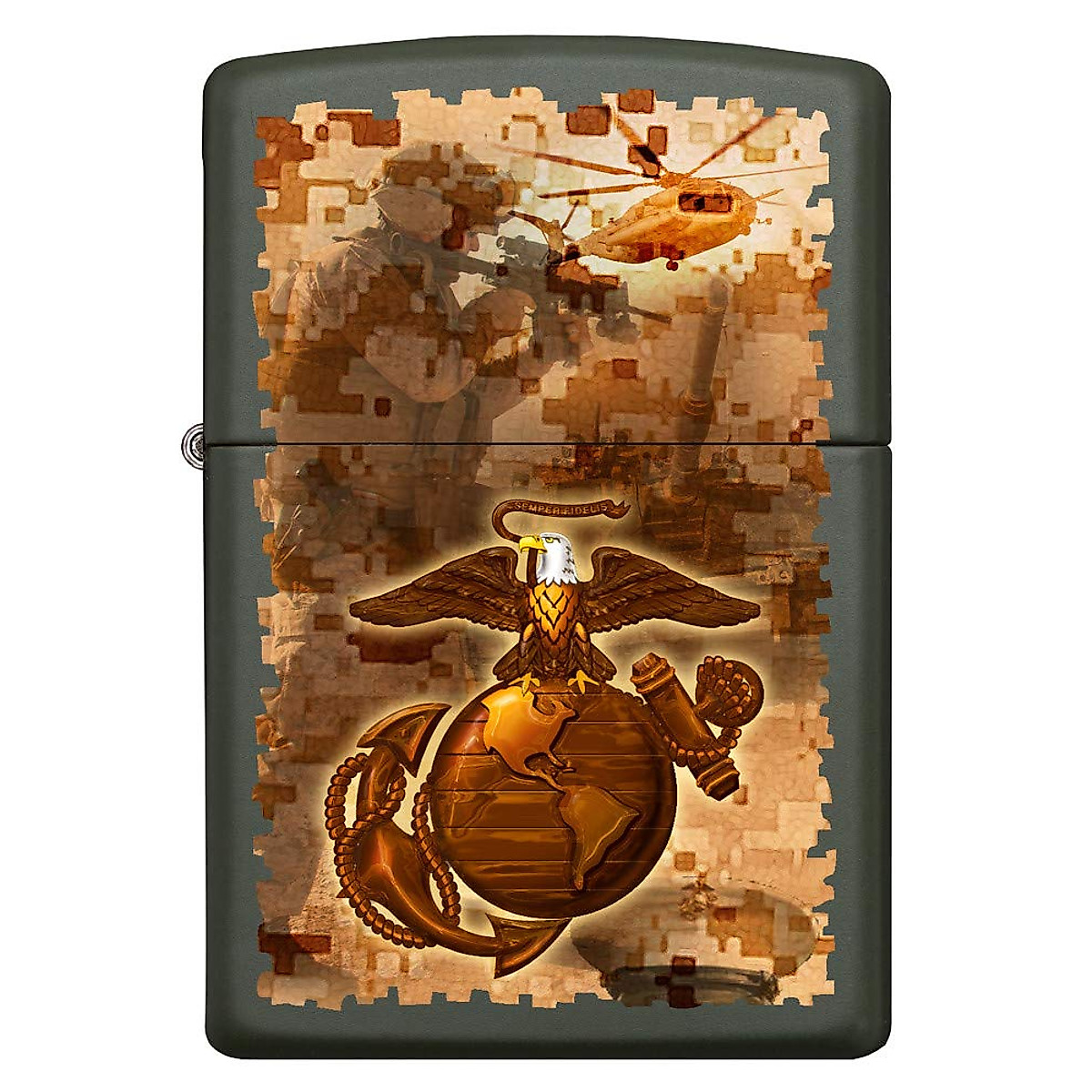 Zippo USMC Camo Soldier Green Matte Pocket Lighter, Green Matte Camouflage, One Size