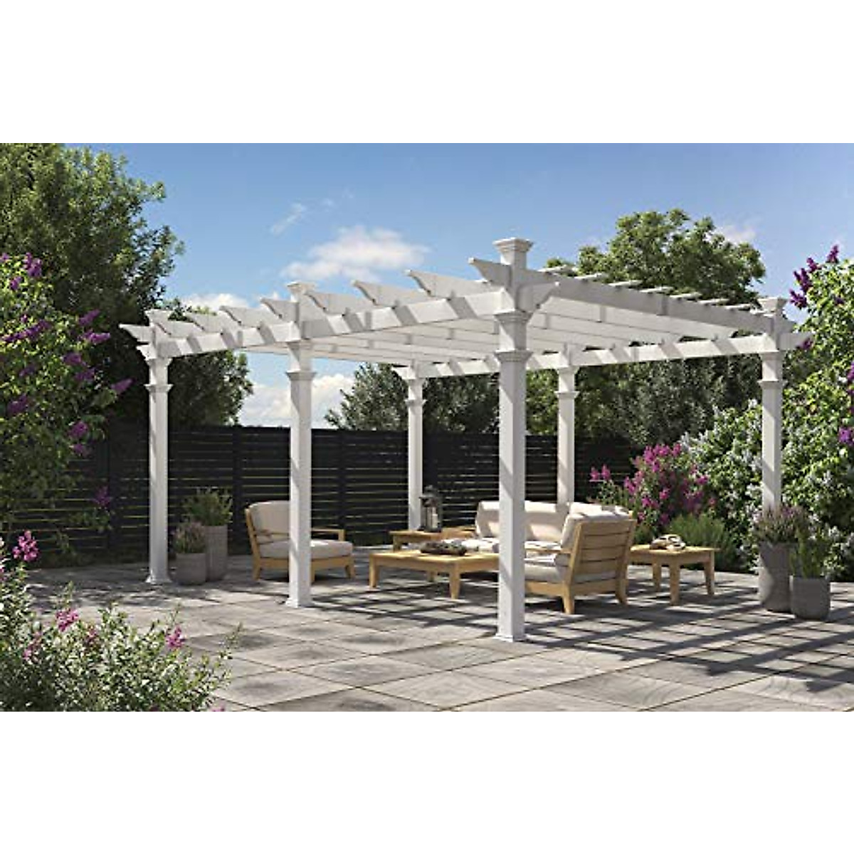 Vita 12 Foot by 16 Foot White Vinyl Barcelona Flat Top Pergola, PVC, Shade Structure, Outdoor Living, BPA and Pthalate Free, VA42028