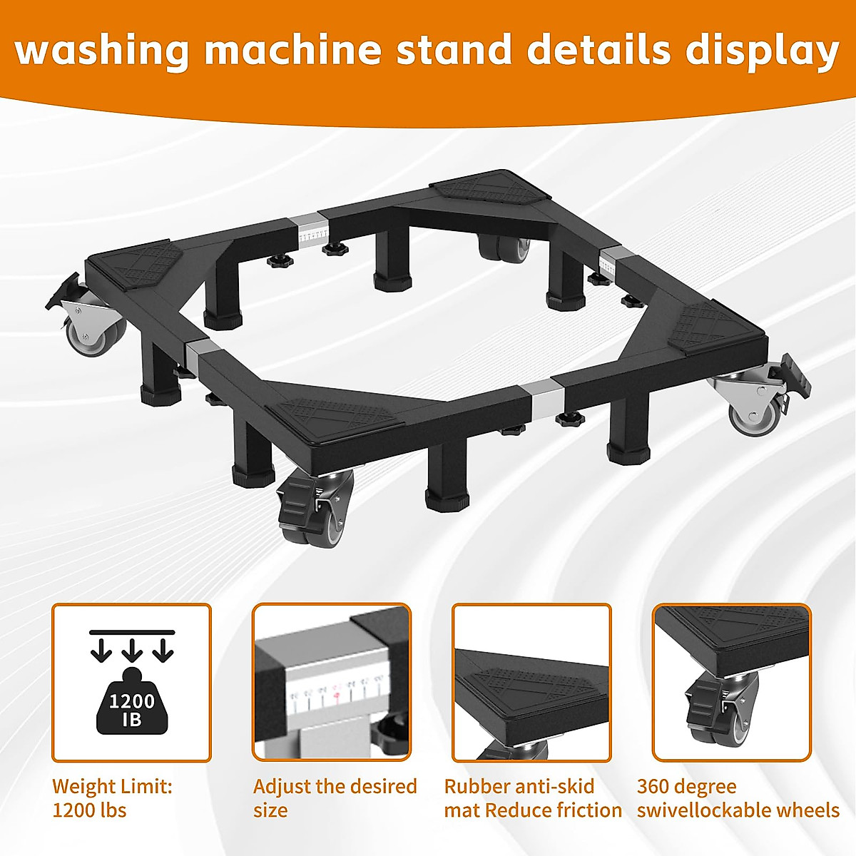 ANBase Heavy Duty All Steel Fridge Stand Mobile Base with 4 Locking Wheels and 8 Sturdy Feet 16.9"-26" Adjustable Furniture Dolly for Washer, Refrigerator and Dryer（Black）