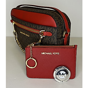 Michael Kors Jet Set Large Chain Crossbody Bag bundled with with SM TZ Coinpouch Wallet and Purse Hook (Signature MK Brown/Flame)