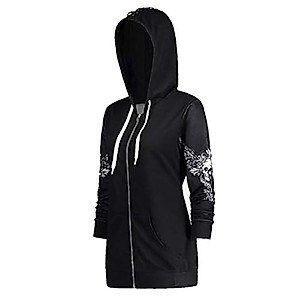 TOMETO STAR Women Causal Zipper Hoodie Skull Wings Print Hooded Jacket Coat Loose Sweatshirt Plus Size Black