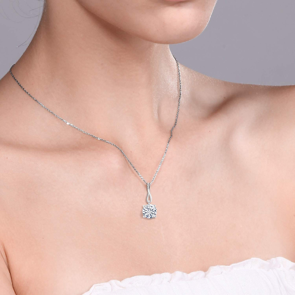 Gem Stone King 10K White Gold Gemstone Birthstone Solitaire Pendant Necklace | Round 6.5MM | White Gold Necklace for Women | With 18 Inch White Gold Chain