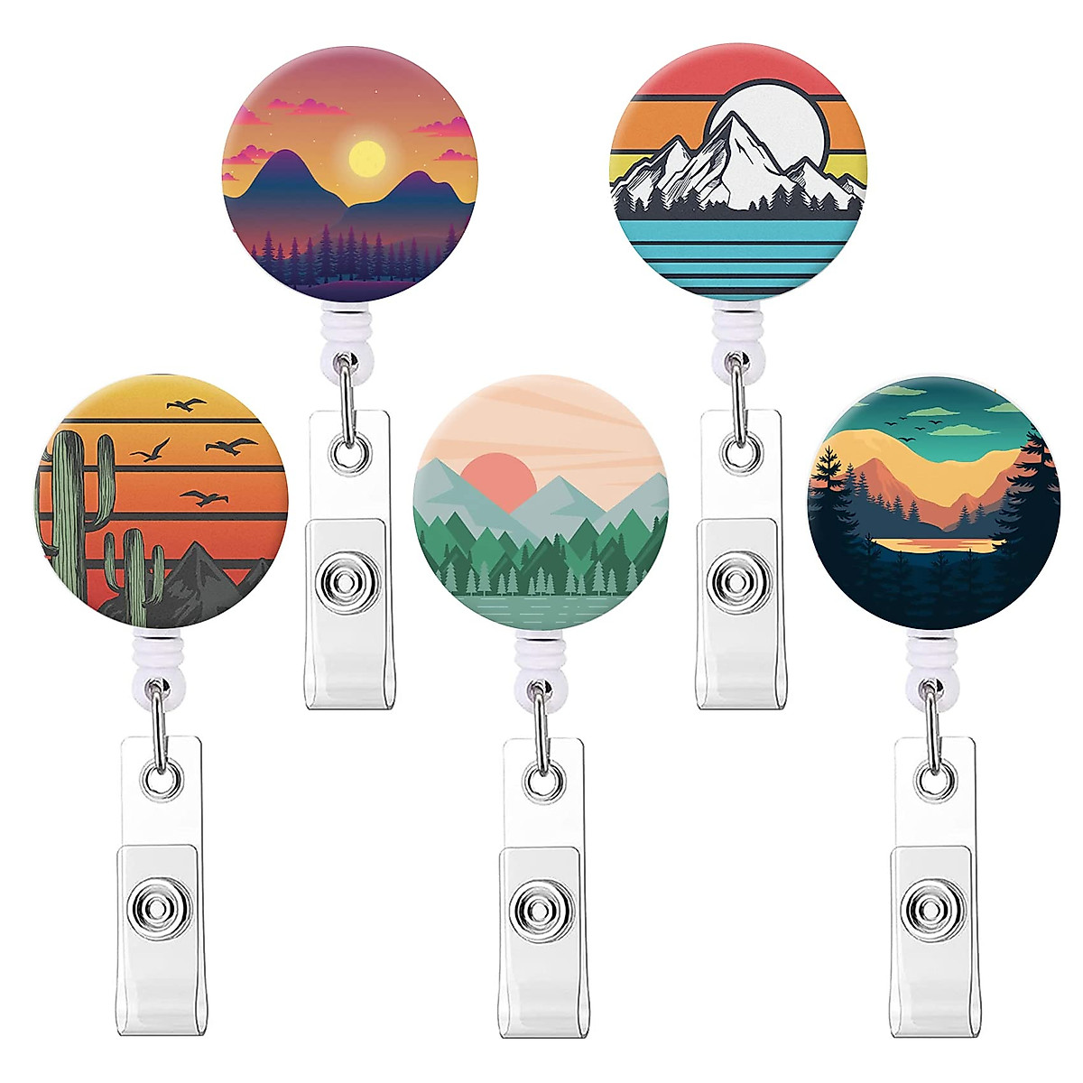 Badge Reel Retractable Nurse Badge Holder Cute Name Decorative Badge Reels with Clip on ID Card Holders (5 Pack Mountain Sky Sun)
