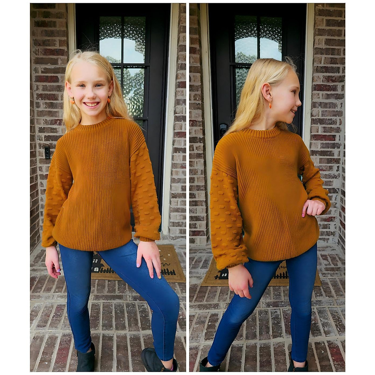 Arshiner Kids Girls Slouchy Chunky Sweater Drop Shoulder Puff Long Sleeve Pullovers Ribbed Loose Outwear Brown 11-12 Years