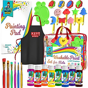 KEFF Kids and Toddler Paint Set - 33 Piece Painting Set for Toddlers with Non Toxic Washable Tempera Finger Paint, Brushes, Palette, Apron, Paper Pad & More Art Supplies Kit for All Ages