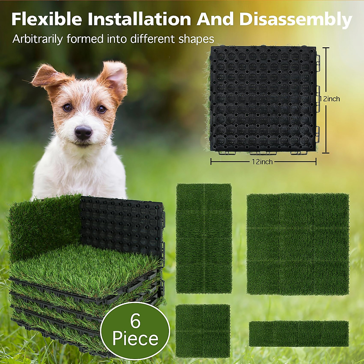 XLX TURF Interlocking Artificial Grass Square Tiles, Fake Grass Pad for Dogs Potty Training Indoor Outdoor Patio Balcony, 12x12 Inch, 6 Pack