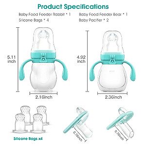 NCVI Baby Fruit Feeder | Fresh Food Pacifier | Silicone Teething Relief Toy, Appetite Stimulation for Feeding, BPA Free, 6 Replacement Nipple, 2Pack (Bear&Rabbit)