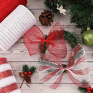 LaRibbons Deco Mesh Ribbon，10 inch x 30 feet Each Roll，Metallic Foil Red and White Rolls for Wreaths, Swags and Christmas Tree Decoration，4 Roll