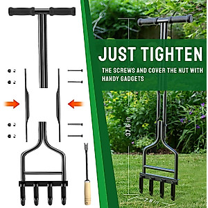 EEIEER Lawn Aerator Coring Tool, Manual Plug Core Aerators with Clean Tool, Upgarded Yard Aeration Tools with 4 Hollow Slots for Compacted Soils & Lawns Garden Care-37.6''