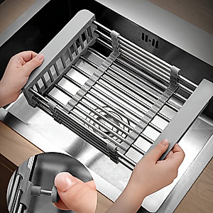 1pc Drain Rack, Stainless Steel Kitchen Basket, Home Dish Rack, Retractable Sink Shelf, 22 * 29 * 9.5cm/8.66 * 11.41 * 3.14in