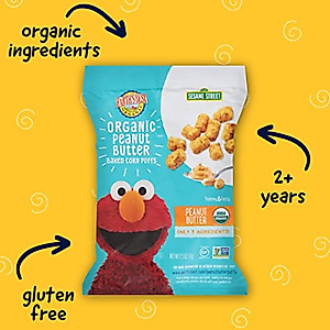 Earth's Best Organic Kids Snacks, Sesame Street Toddler Snacks, Organic Peanut Butter Baked Corn Puffs, Gluten Free Snacks for Kids 2 Years and Older, 2.5 oz Bag (Pack of 6)