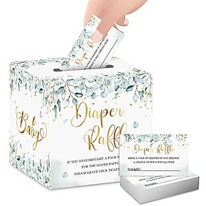 WideIdeal 51Pcs Diaper Raffle Sign, Baby Shower Game Diaper Raffle Card Box Party Decorations Game Kit (1 Raffle Box + 50 Cards) Neutral Greenery WI01