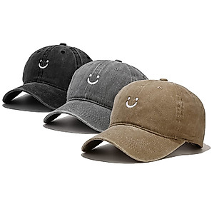Umeepar 3 Pack Baseball Cap Vintage Distressed Low Profile Unstructured Smile Face Dad Hat Adjustable for Women Men (Black, Grey, Khaki)