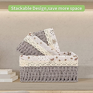 Recycled Wicker Storage Basket, Small Wicker Baskets, Handwoven Baskets for Storage, Paper Rope Storage Baskets for Organizing Container Bins for Shelves Cupboards Drawer, Small Woven Basket Set of 3