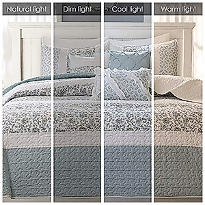 Madison Park 100% Cotton Quilt Set Floral Print, Double Sided Stitching, All Season, Lightweight Coverlet Shabby Chic Bedding Layer, Matching Shams, King/Cal King, Light Teal 6 Piece