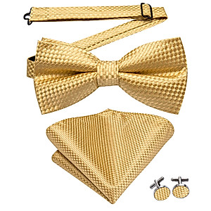 Dubulle Mens Pre-tied Bowtie and Pocket Square Set Paisley/Striped/Checks Bowties for Men,Gold Checks