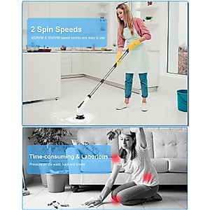 Electric Spin Scrubber, Leebein 2022 New Cordless Cleaning Brush with 8 Replaceable Drill Brush Heads, Tub and Floor Tile 360 Power Scrubber Mop with 54 Inch Adjustable Handle for Bathroom Kitchen Car