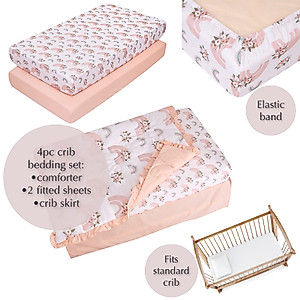 Noisy Mouse - Boho Rainbow, Premium, 100% Organic Cotton 4-Piece Baby Nursery Bedding Crib Set | Baby Comforter | 2 X Fitted Crib Sheets | Crib Skirt (Peach, Teal, White)