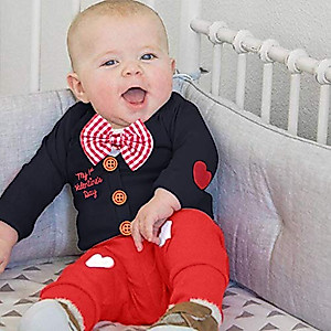 Baby Boys My First Valentine's Day Outfit Infant Boy Bow Tie Bodysuit Romper + Heart Pants Clothes 3Pcs Sets (Navy Blue, 3-6 Months)