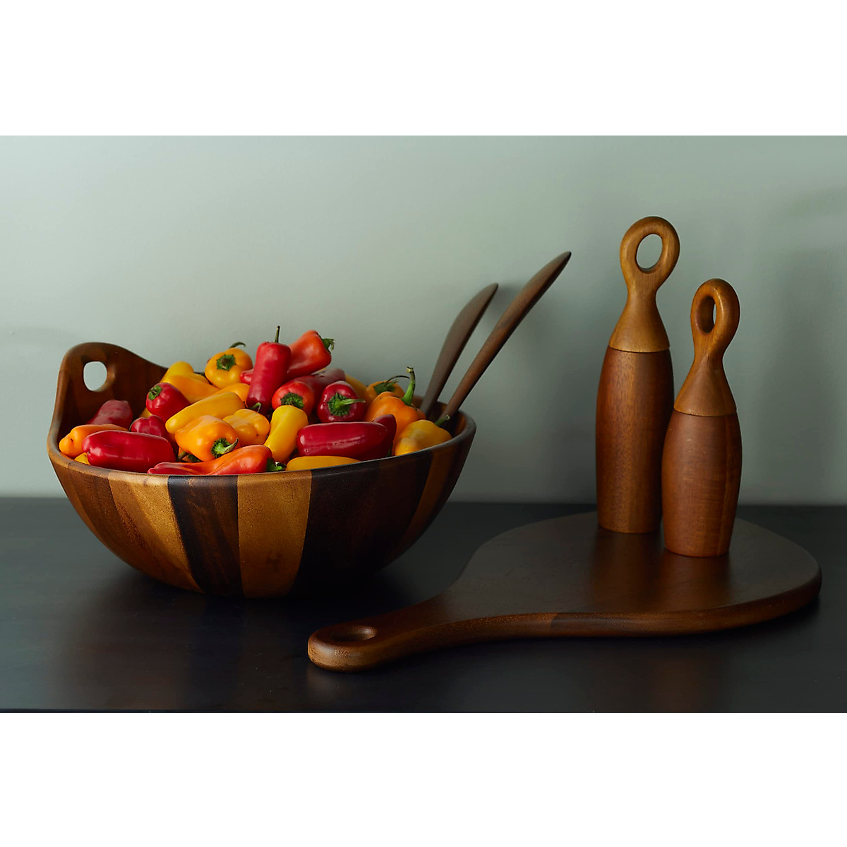 nambe Portables Wood Salad Bowl with Servers | 3-Piece Set | Acacia Wood Large Salad Bowl | Mixing Bowl with Wooden Serving Spoons | Round | Measures 11-Inches