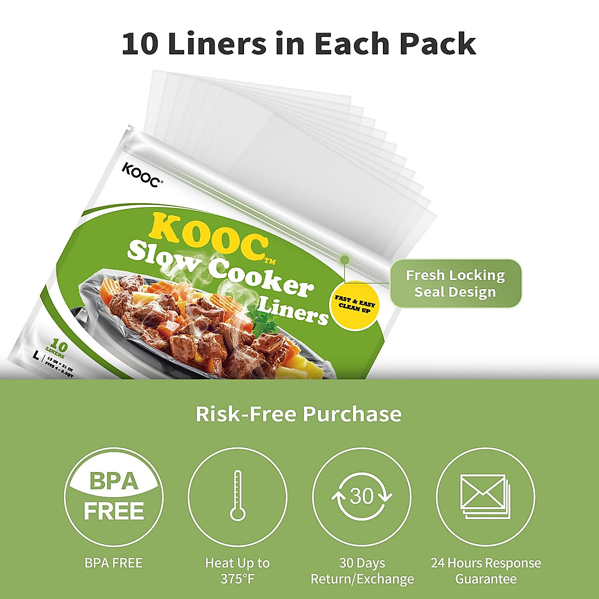 [NEW] KOOC Disposable Slow Cooker Liners and Cooking Bags, 1 Pack(10 Counts), Large Size Pot Liners Fit 4QT to 8.5QT, 13"x 21", Fresh Locking Seal Design, Suitable for Oval & Round Pot, BPA Free