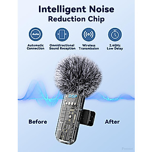 Ponovo Lavalier Microphone for USB C Android Phone, Wireless Mini Lapel Mic Compatible with iPhone 15 (USB-C), Dual Clip on Lav Mic Lasting 12H for Video Recording YouTube Vlog Tiktok Livestream