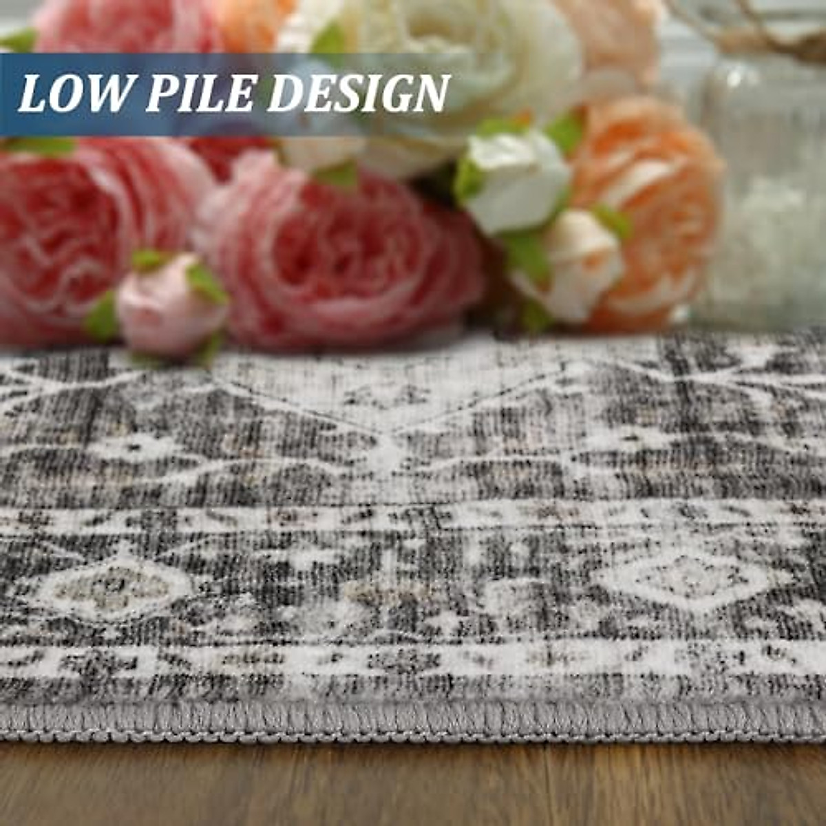 GlowSol Grey 9' x 12' Area Rug, Washable, Non-Slip, Vintage, Bohemian, Low Pile, Machine Made, Polyester, Dining Room