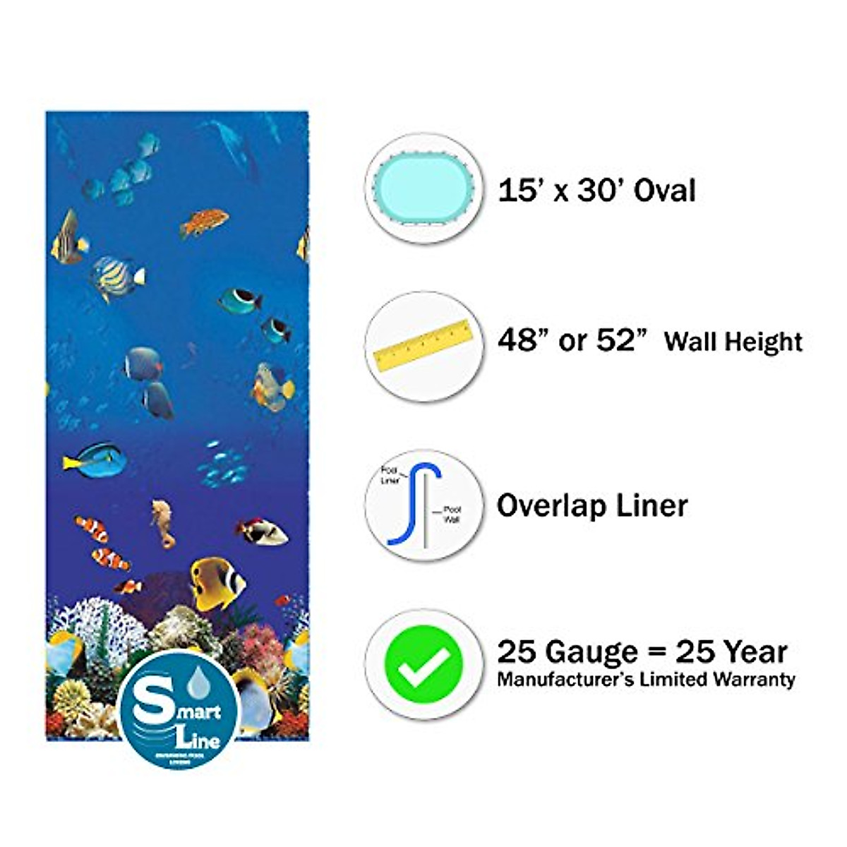 Smartline Caribbean 15-Foot-by-30-Foot Oval Overlap Liner | 48-to-52-Inch Wall Height | 25 Gauge Virgin Vinyl | Designed for Steel Sided Above-Ground Swimming Pools | Universal Gasket Kit Included