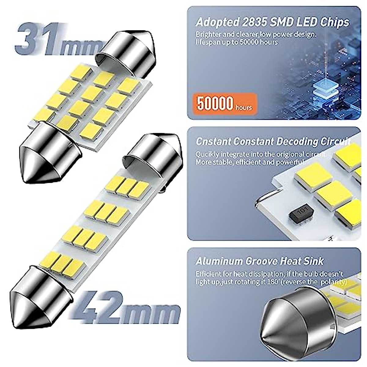 32 Pcs Dome Light Bulb LED Car Bulb Kit Set Interior Car Light Bulbs T10 T5 31MM DE3175 42MM Festoon Replacement Bulbs for Door,Courtesy,License Light(White)