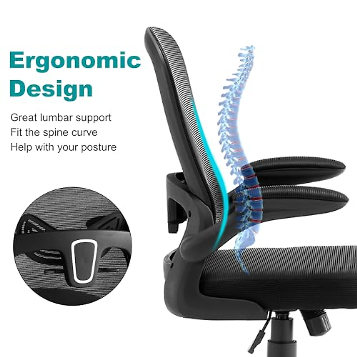 HMeeZnn Ergonomic Office Chair, Desk Chairs with Wheels Mesh Computer Chair Mid Back Swivel Chair with Adjustable Armrest Lumbar Support for Home Office Executive Work Study, Black