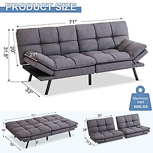 MUUEGM Convertible Futon Bed Couch Love Seat Memory Foam Sleeper,Modern Daybed for Living Room,Compact Small Space,Apartment,Office,Adjustable Arm Back,71" Sofas, Light Grey
