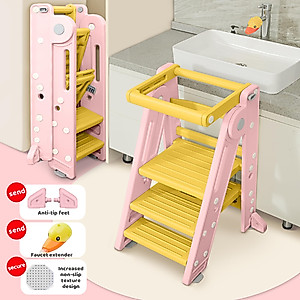 Toddler Standing Tower, Childs Kitchen Stool for Helping,Safety Rail, 2-3 Step Adjustable Ladder for Bathroom Sink & Kitchen Tower -Ages 18 Months to 4 Years (Pink)
