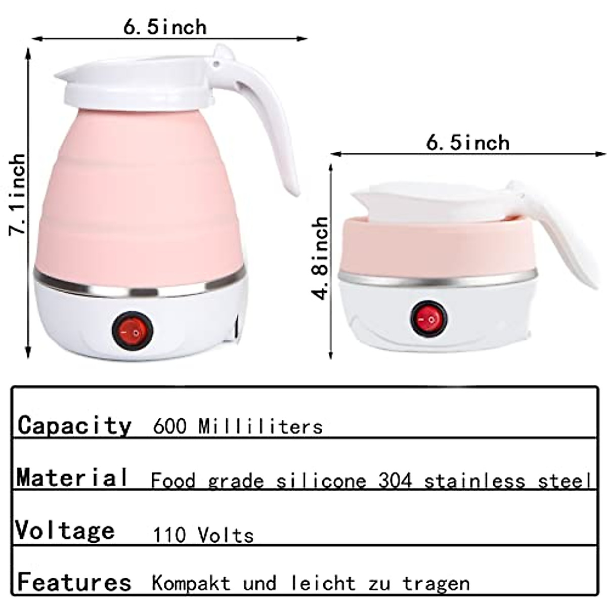 Travel Kettle Electric Small Foldable Portable Kettle,Silicone Collapsible Heating Water Boiler Tea Pot for Camping,Easy for Storage with Separable Power Cord (Pink)