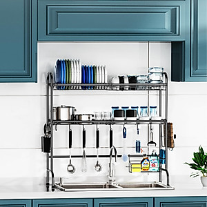 GSlife Over The Sink Dish Drying Rack Stainless Steel 2 Tier Dish Rack Above Kitchen Sink Shelf Durable Dish Drainer, Black
