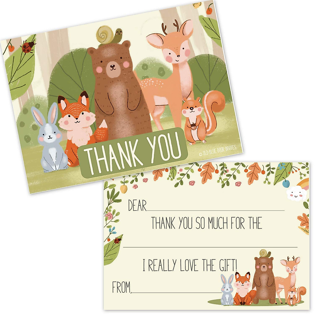 Nature Forest Woodland Animals Kids Fill in the Blank Thank You Notes (20 Count with Envelopes) - Kids Thank You Cards - Forest Creatures - Bear, Deer, Squirrel, Fox, Bunny Rabbit, Snail