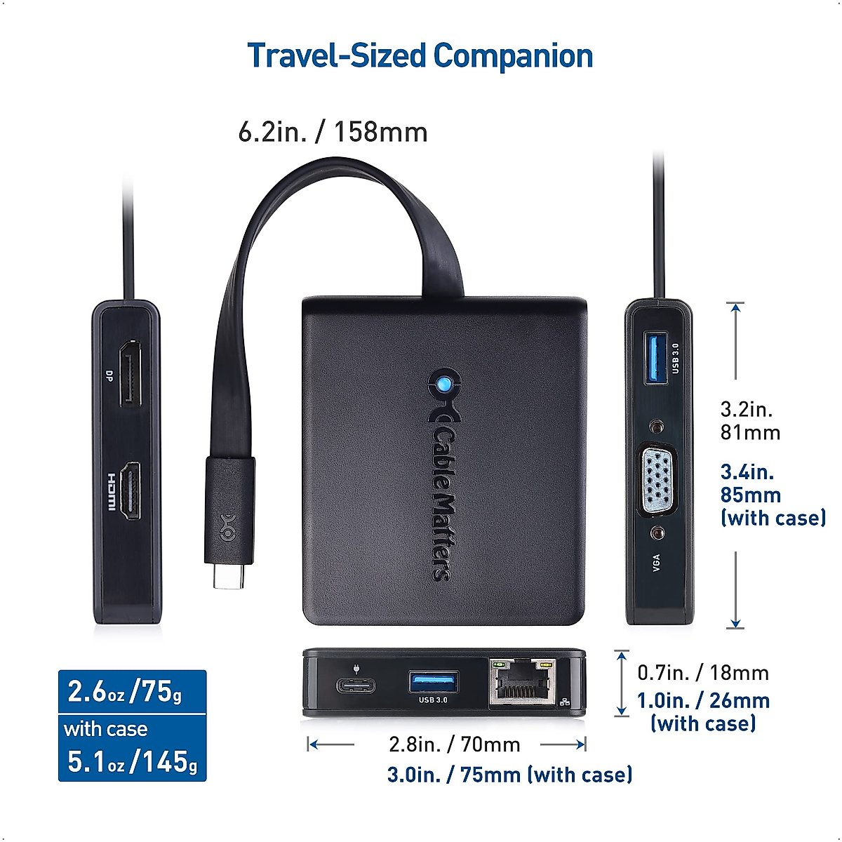 Cable Matters 7-in-1 USB C Hub with Triple Display (HDMI, DisplayPort, VGA), 2x USB 3.0, Gigabit Ethernet, 100W Charging - Thunderbolt 4 /USB 4 /USB4 Compatible with MacBook Pro, Dell XPS, Surface Pro