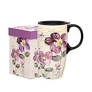 Topadorn Tall Ceramic Travel Mug 17 oz. Coffee Cups Sealed Lid With Color Box (Purple Flower)