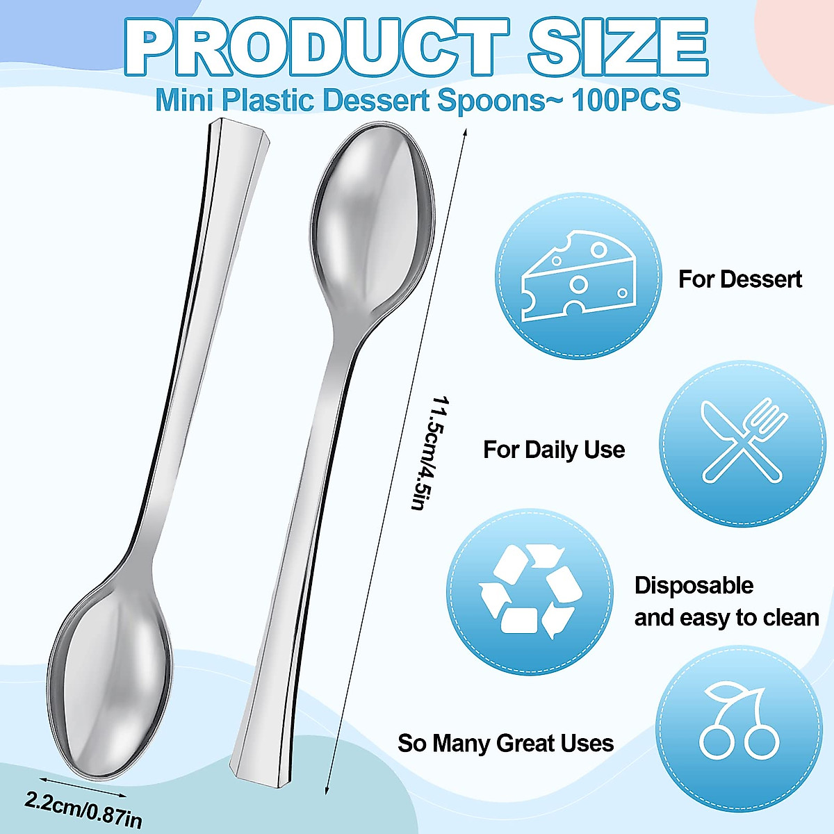 100PCS Mini Plastic Spoons,Silver Plastic Mini Spoons,Disposable Mini Dessert Spoons 4.5 Inches,Mini Tasting Spoons Appetizer Spoons Perfect for Coffee Espresso Cake Desserts Appetizers