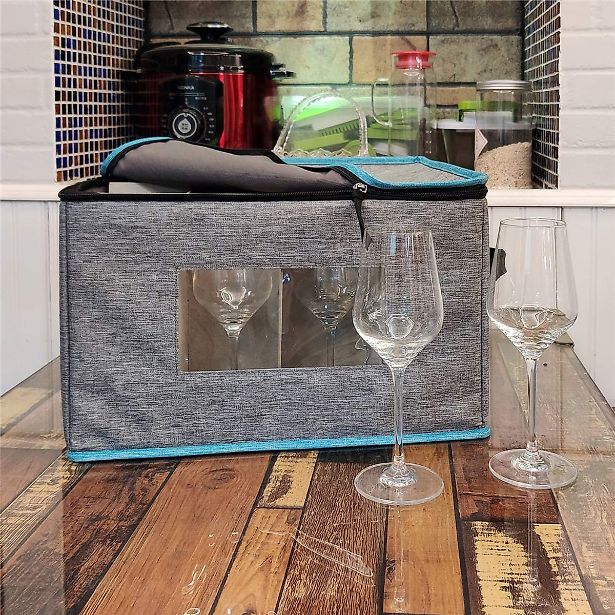 Benzoyl Wine Glass Stemware Storage Box with Lid, Padded Hard Shell Box with Dividers, Handle 12 Holds Wine Glasses Canvas Case, China Storage Containers for Champagne, Wine Gray 2 Packs