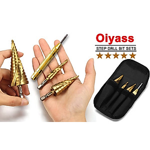 HSS Titanium-Coated Spiral Groove Step Drill 4-Piece Set with Automatic Center Punch, 1/4" Hexagon Shank Drill bit, for Plastic, Wood, Metal, Multi-Hole Taper Drill bit Set