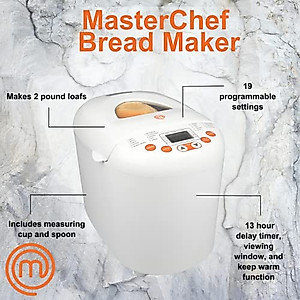 MasterChef Digital Bread Maker-2-Pound Programmable Machine w 19 Settings & 13-Hour Delay Timer-Automatic 3 Mode Crust, Baker Healthy Fresh Gluten Free, Wholewheat Loaf, Recipe Guide, Mothers Day Gift