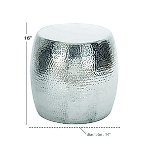 Deco 79 Aluminum Metal Side End Accent Table Drum Shaped End Table with Hammered Design, Side Table 14" x 14" x 16", Silver