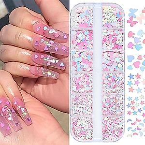 12 Grids Pink Laser Nail Glitter Sequins 3D Holographic Nail Glitter Flakes Sparkle Stars Moon Nail Sequins Heart Butterfly Nail Charms Accessories for Women DIY Eyes Nail Art Supplies Decorations