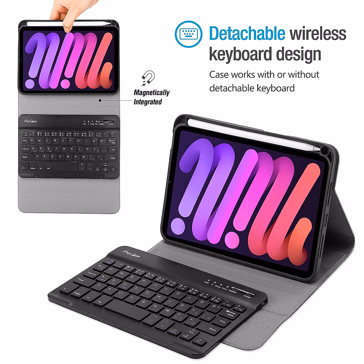 ProCase Keyboard Case for iPad Mini 7 (A17 Pro) 2024 / iPad Mini 6 2021, Detachable Wireless Keyboard Protective Cover Cases for 8.3 Inch iPad Mini 7th 6th Generation Gen Keyboard Case- Black