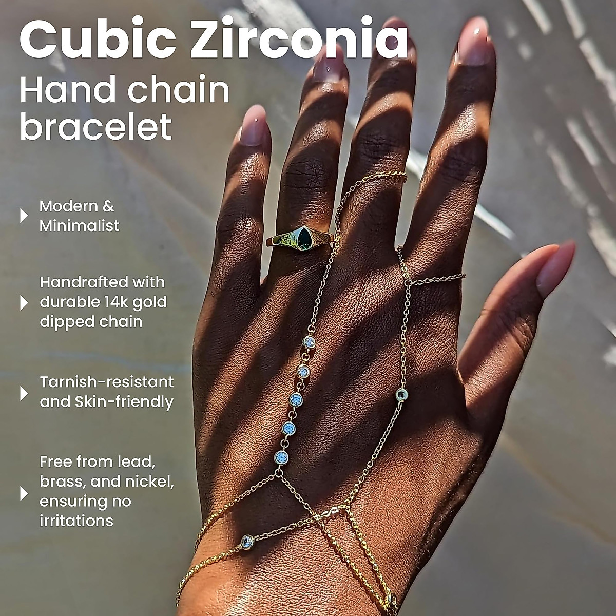 Faire de la Mode 5 CZ Diamond Gold Bracelet Ring Hand Chain for 4-9 Ring Sizes – Non-Tarnish 14k Gold Hand Chain Bracelet for Women – 6" to 8" Adjustable Length
