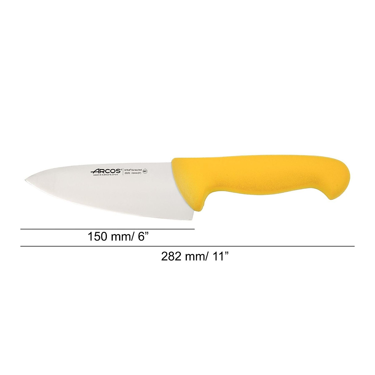 ARCOS Chef Knife 6 Inch Nitrum Stainless Steel and 150 mm blade. Professional Multipurpose Cooking Knife. Ergonomic Polypropylene Handle. Series 2900. Color Yellow