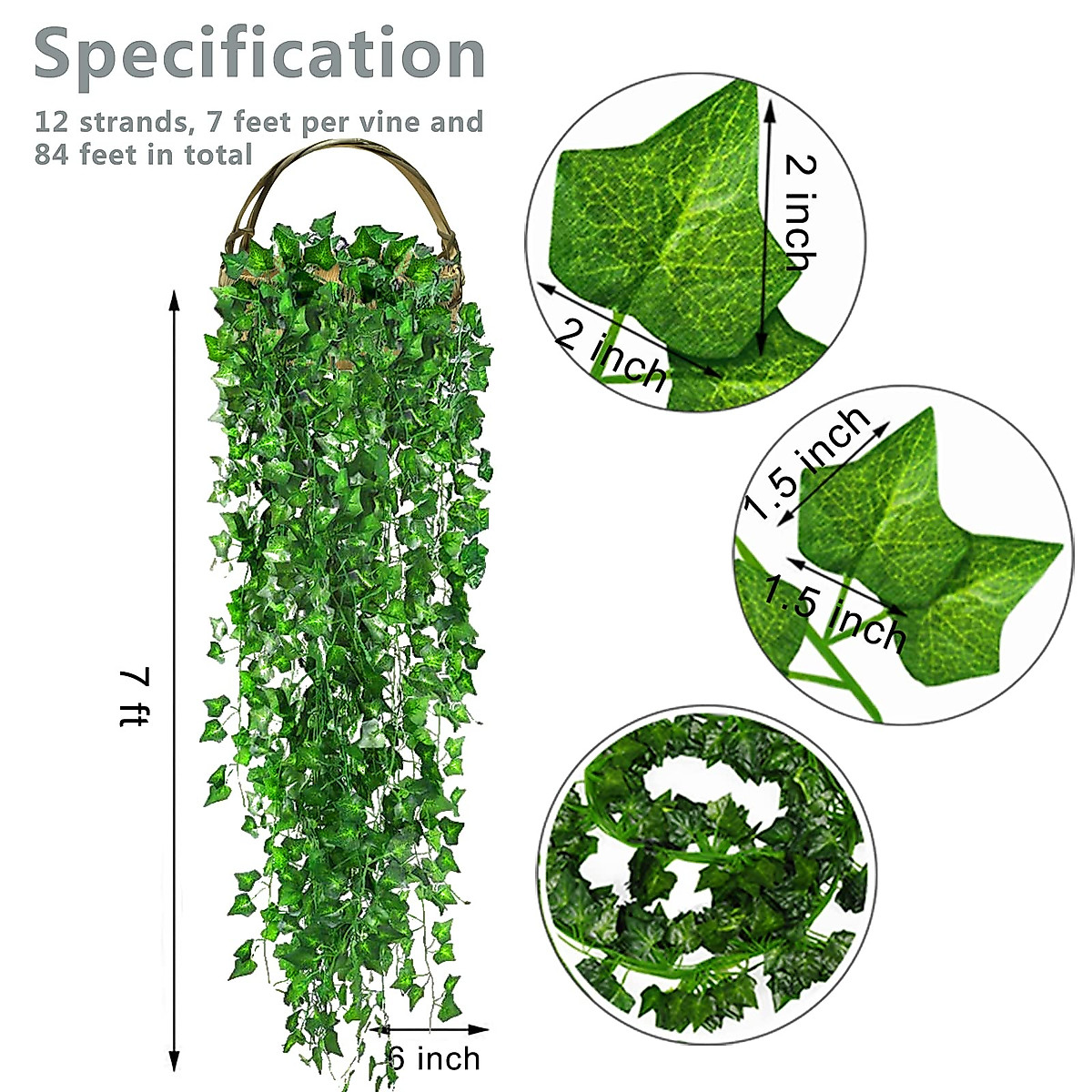 OHEMDI 12 Pack 84 feet Artificial Ivy Greenery Garland, Fake Vines Pants with Fake Leaves, Vines for Bedroom Wedding Home Kitchen Garden Party Room Decor (Green)