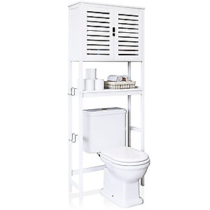 SMIBUY Bathroom Over The Toilet Storage Cabinet, 2 Door Bamboo Cabinet Organizer, Freestanding Space Saver Toilet Rack with Adjustable Inside Shelf and Open Shelf (White)
