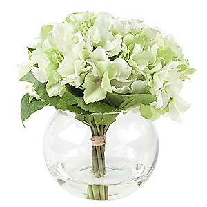 Pure Garden Hydrangea Floral Arrangement in Vase - 5-Count Artificial Flowers with Leaves in Faux Water-Filled Decorative Clear Glass Bowl (Green)